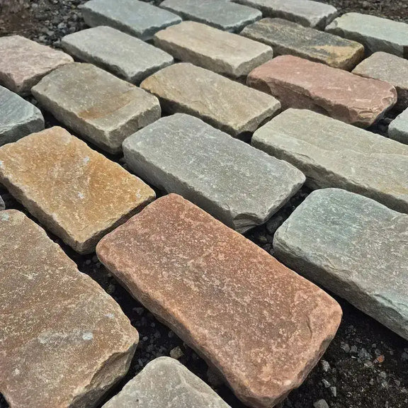 Raj Green Sandstone Tumbled Cobbles 200 x 100 x 50 | Paving Slabs UK