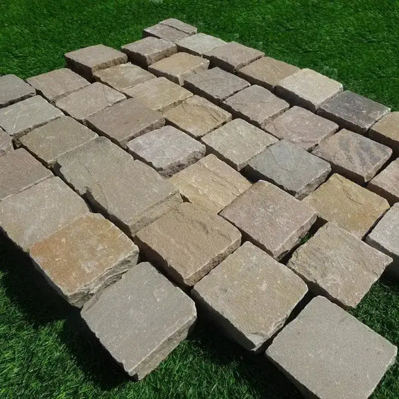 Raj Green Indian Sandstone Cobble Setts 100 x 100 x 50 - Paving Slabs UK